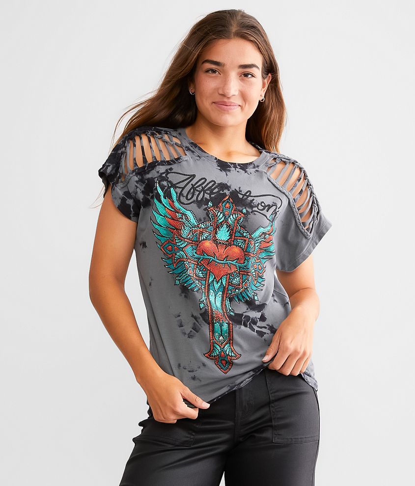 Affliction Rosary T-Shirt - Women's T-Shirts in Charcoal Black Crystal ...