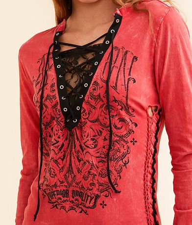 Affliction Solution Lace-Up Top - Women's Shirts & Blouses in True Red Lava Wash | Buckle