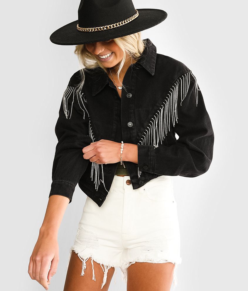 Blue B Rhinestone Fringe Denim Jacket - Women's Coats/Jackets in Black ...
