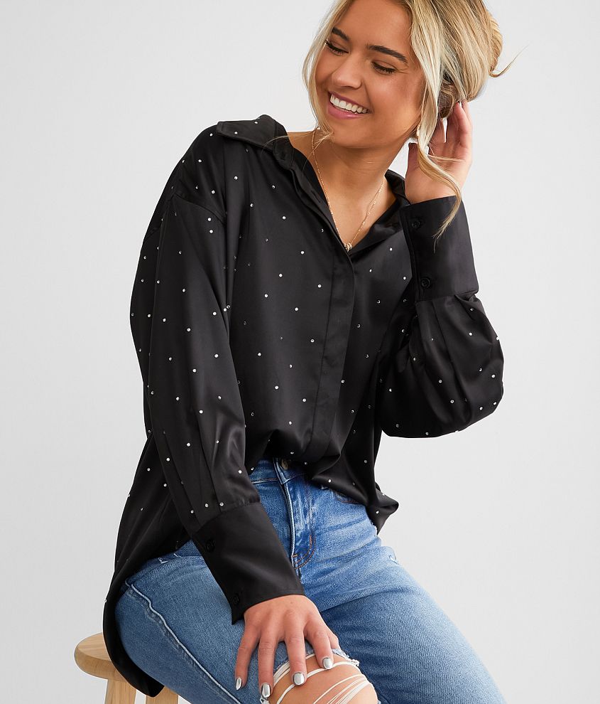 Blue B Rhinestone Satin Blouse - Women's Shirts/Blouses in Black | Buckle