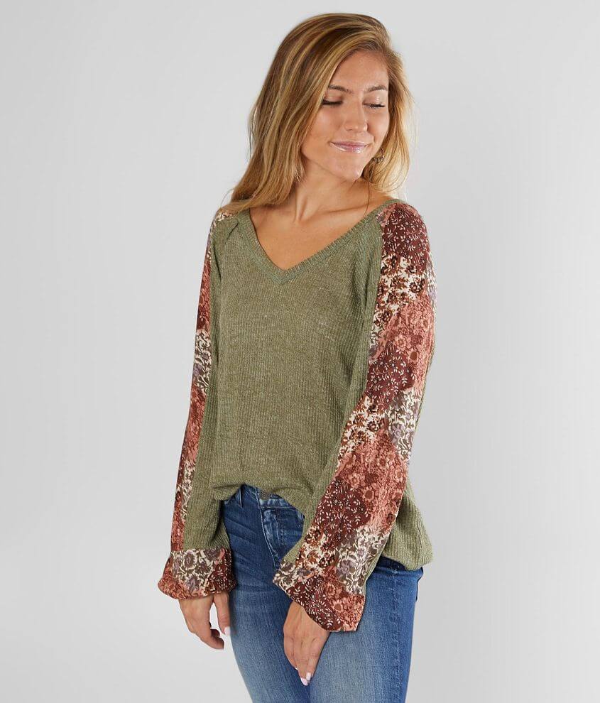 Blu Pepper Ribbed Raw Edge Top - Women's Shirts & Blouses in Olive | Buckle