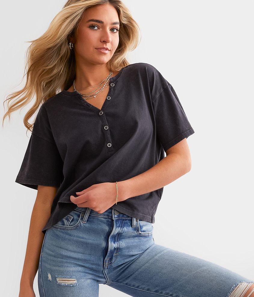 BKE Cropped Henley - Women's Shirts & Blouses in Washed Black | Buckle