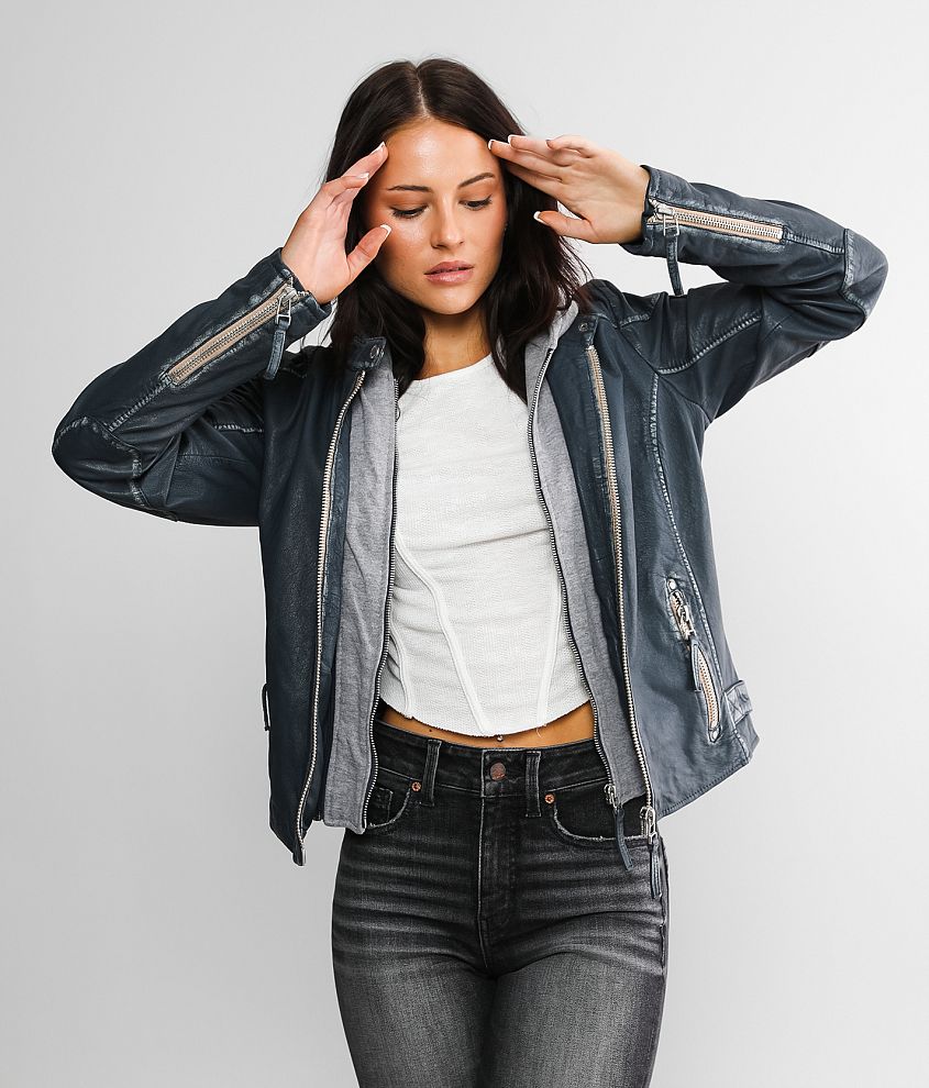Mauritius Hooded Leather Jacket - Women's Coats/Jackets in Denim Blue ... Mauritius Hooded Leather Jacket - Women's Coats/Jackets in Denim Blue ...