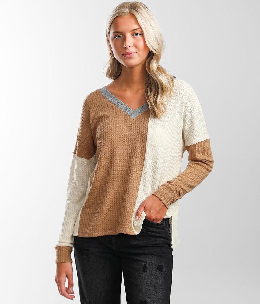 BKE Color Block Top - Women's Shirts/Blouses in Camel Cream H Grey | Buckle