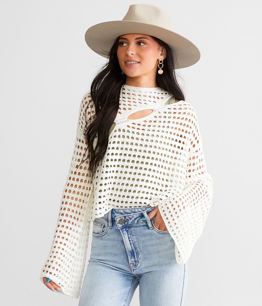 Willow And Root Pointelle Keyhole Cropped Sweater Womens Sweaters In