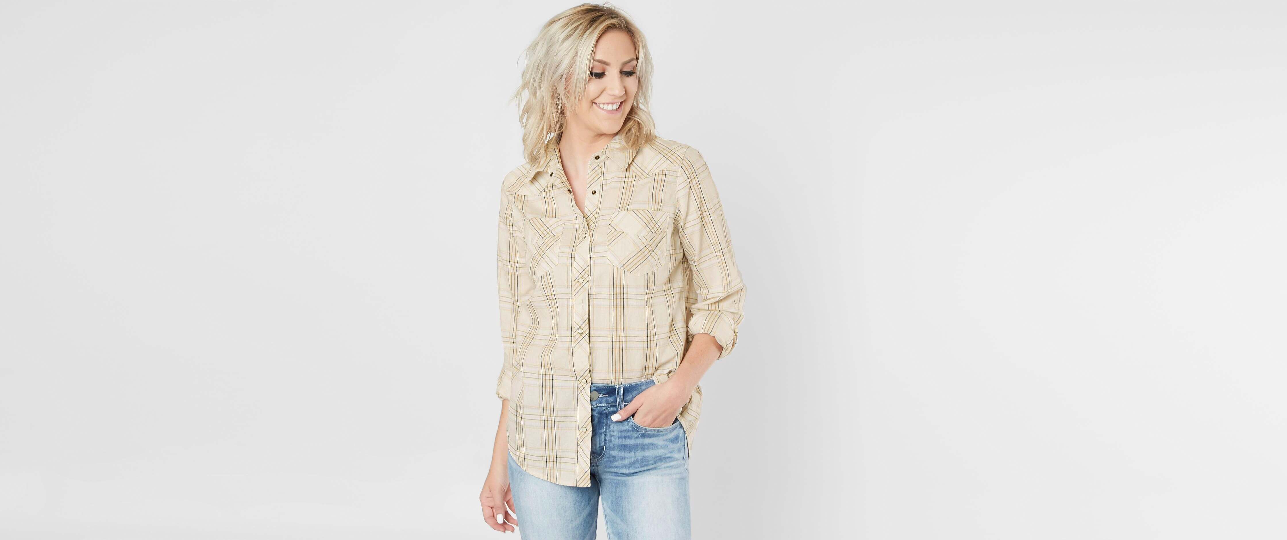 BKE Western Plaid Shirt - Women's Shirts/Blouses in Oatmeal Multi | Buckle