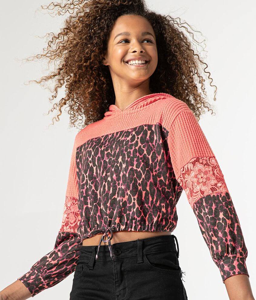Girls - Daytrip Waffle Knit Leopard Lace Hoodie - Girl's Sweatshirts in ...