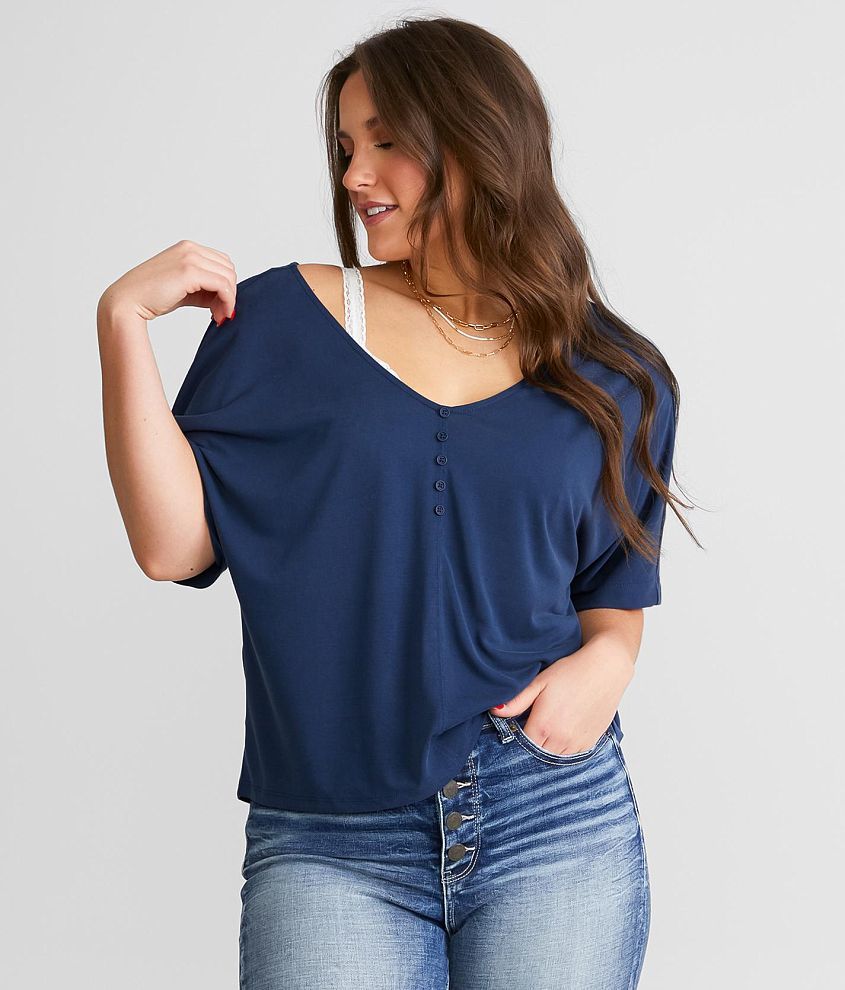 Double Zero Faux Henley Top - Women's Shirts/Blouses in Dark Knight ...