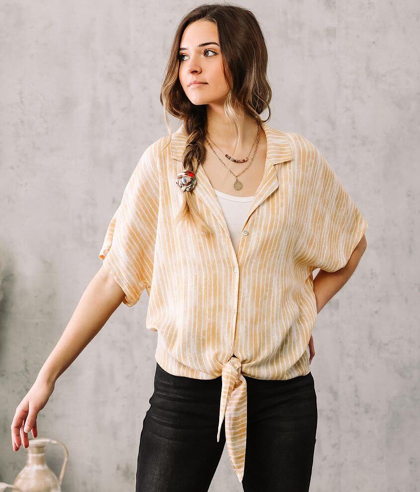 En Creme Striped Front Tie Shirt - Women's Shirts & Blouses in Yellow ...