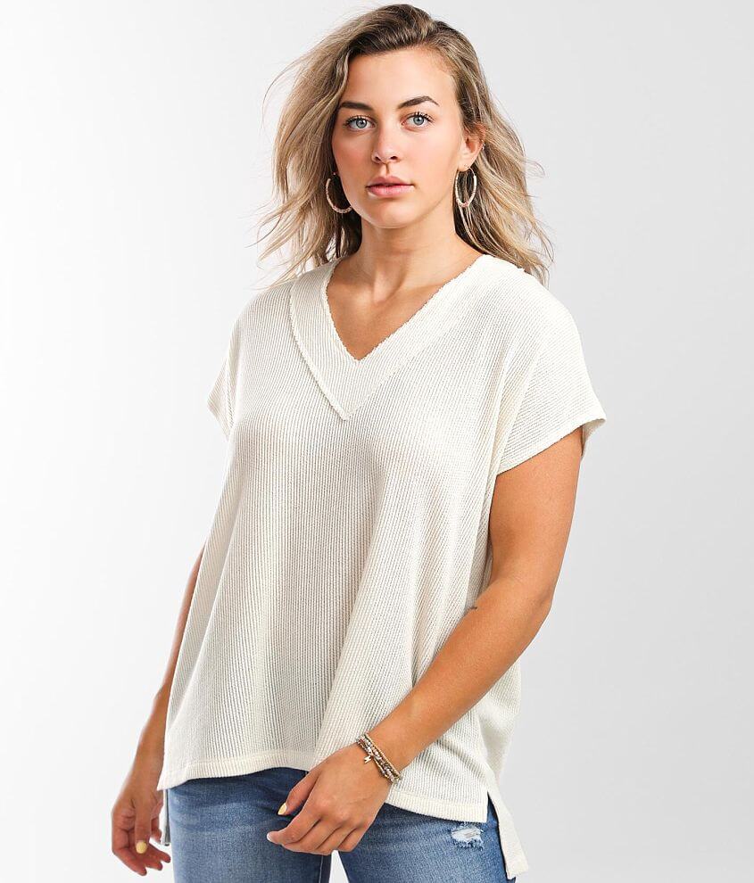BKE Raw Edge Ribbed Top - Women's Shirts & Blouses in Birch | Buckle