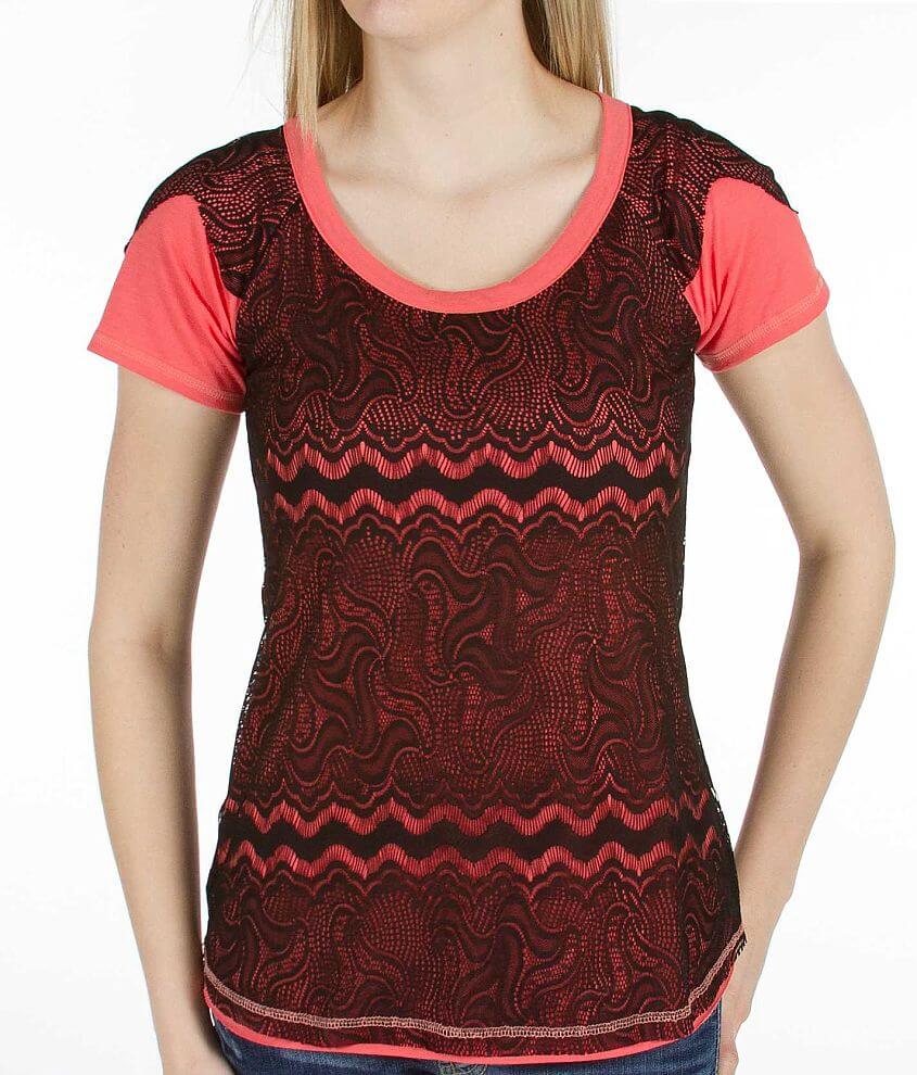 BKE Lace Overlay Top - Women's Shirts/Blouses in Coral Bloom Black | Buckle
