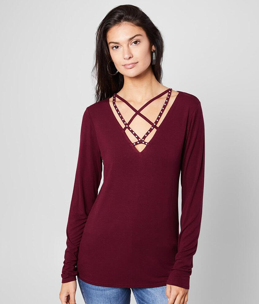 red by BKE Strappy V-Neck Top - Women's Shirts/Blouses in Dark Burgundy ...