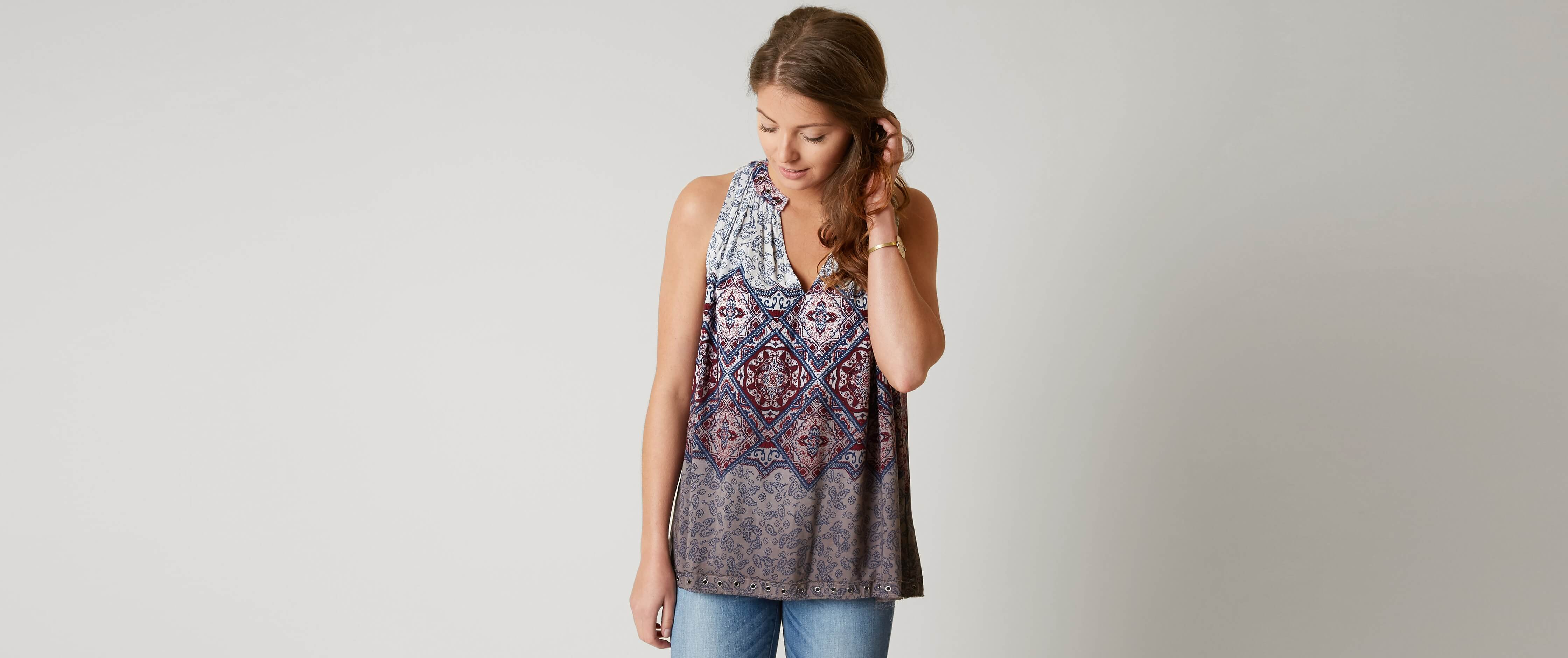 Gimmicks Printed Split Neck Tank Top - Clothing in Grey | Buckle