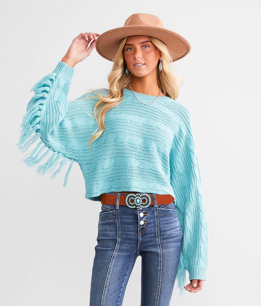 Willow And Root Fringe Sweater Womens Sweaters In Aqua Buckle