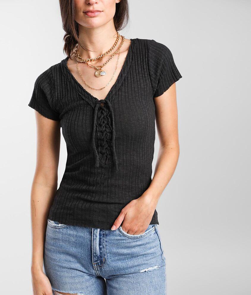 Gilded Intent Raw Edge Lace-Up Top - Women's Shirts/Blouses in Grey ...