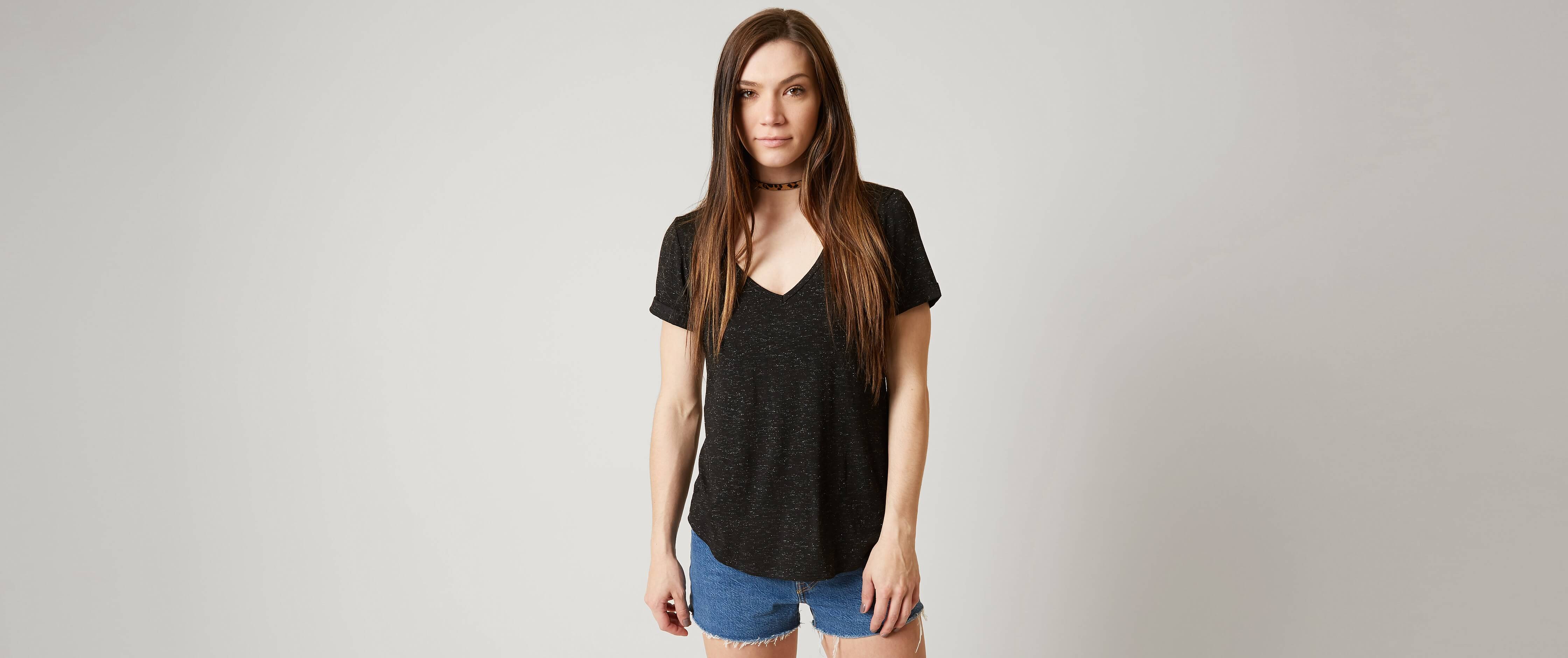 BKE Metallic Top - Clothing in Black Silver | Buckle