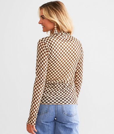 Willow & Root Checkered Mesh Top - Women's Shirts & Blouses in Brown ...