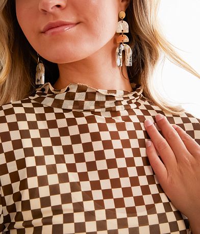 Willow & Root Checkered Mesh Top - Women's Shirts & Blouses in Brown ...