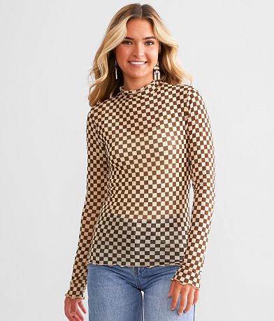 Willow & Root Checkered Mesh Top - Women's Shirts & Blouses in Brown ...