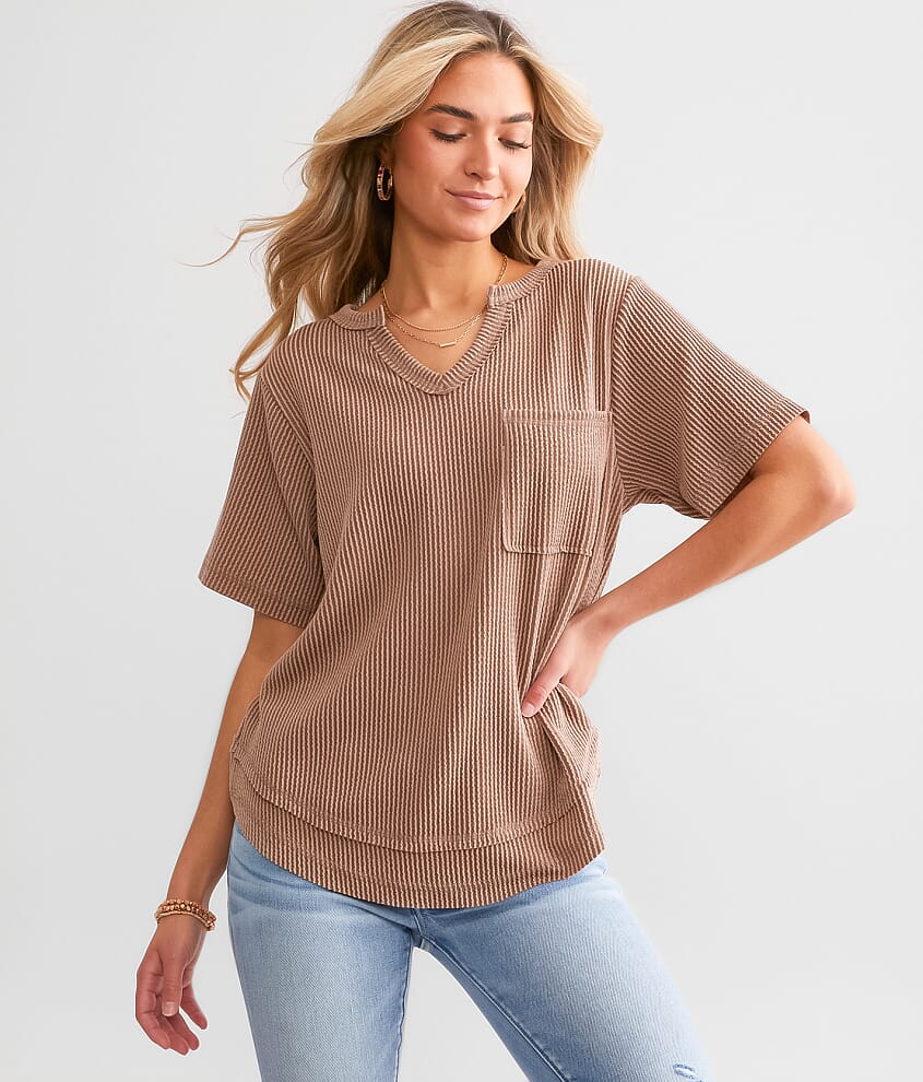 BKE Textured Notch Neck Top - Women's Shirts/Blouses in Taupe | Buckle