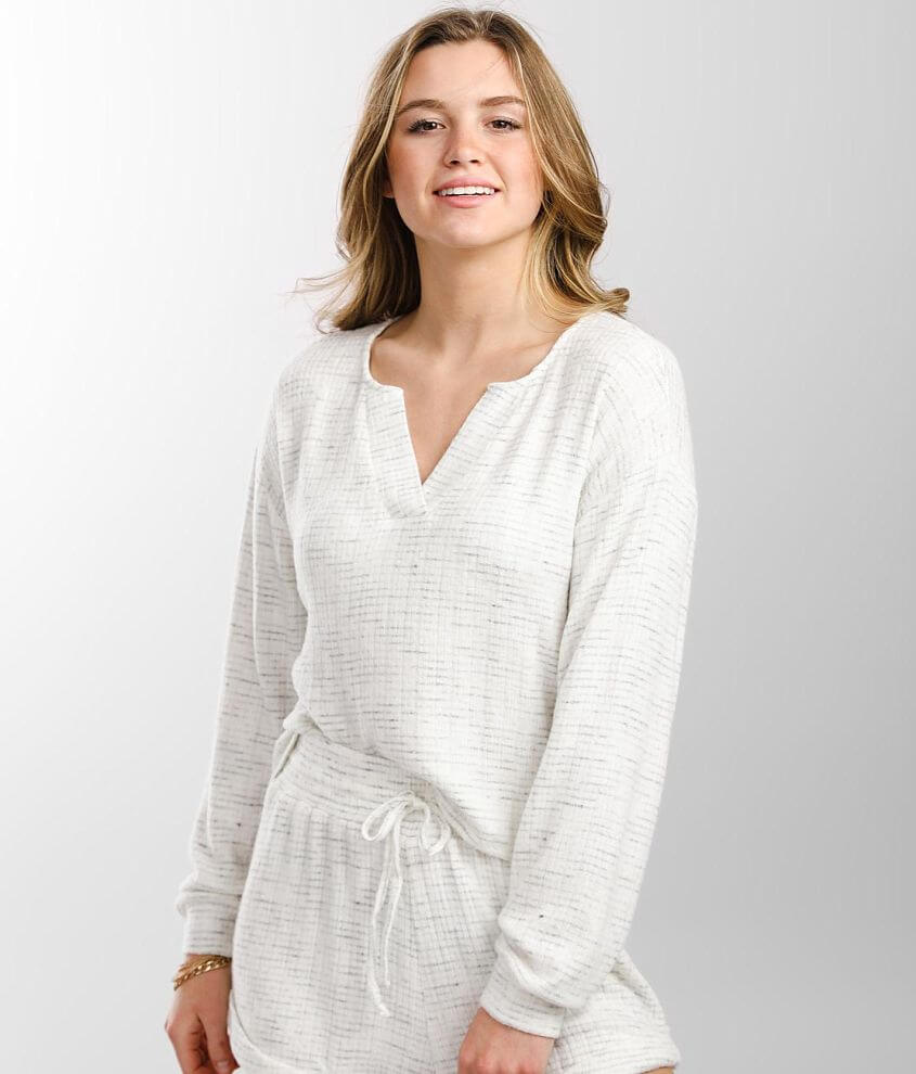 BKE Ribbed Split Neck Top - Women's Loungewear in White Grey | Buckle