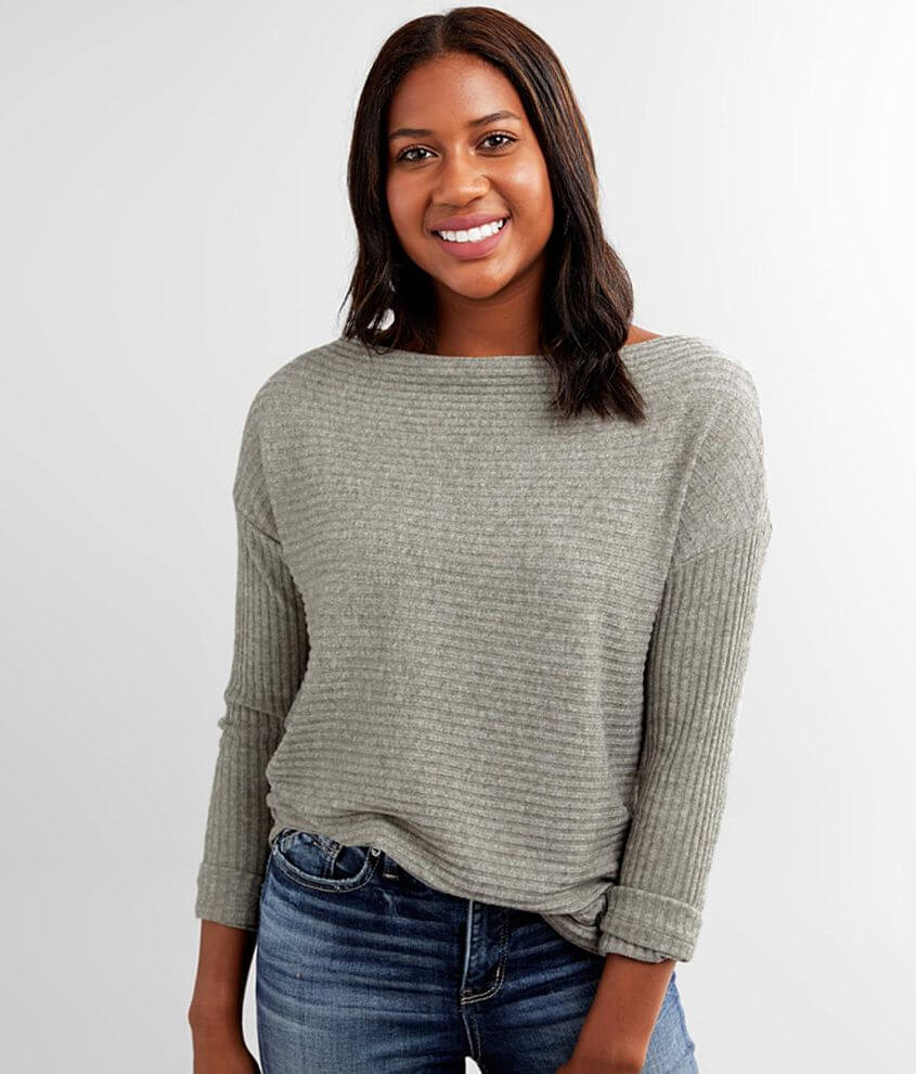 Buckle Black Ribbed Wide Neck Top Womens Shirtsblouses In Vetiver Buckle