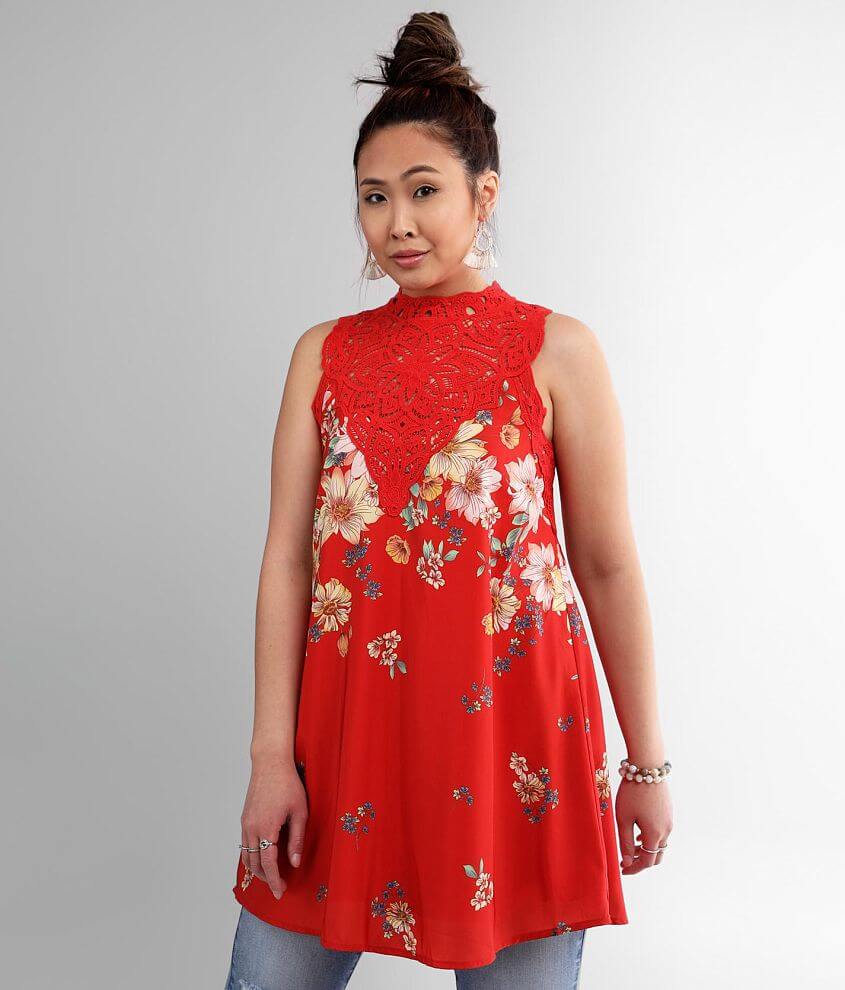 Miss Me Pieced Floral Tunic Tank Top - Women's Tank Tops in Red | Buckle