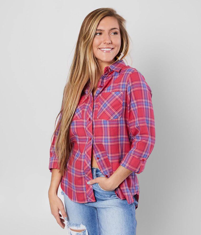 Daytrip Brushed Knit Plaid Shirt Womens Shirts And Blouses In Fire