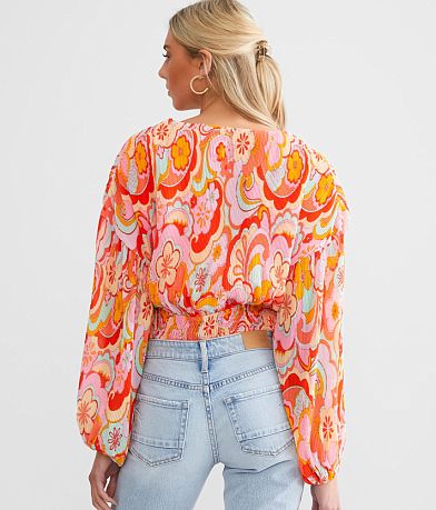 Privy Pleated Surplice Retro Floral Cropped Top - Women's Shirts ...