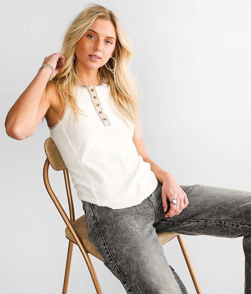 BKE Raw Edge Henley Tank Top - Women's Tank Tops in White Tan | Buckle