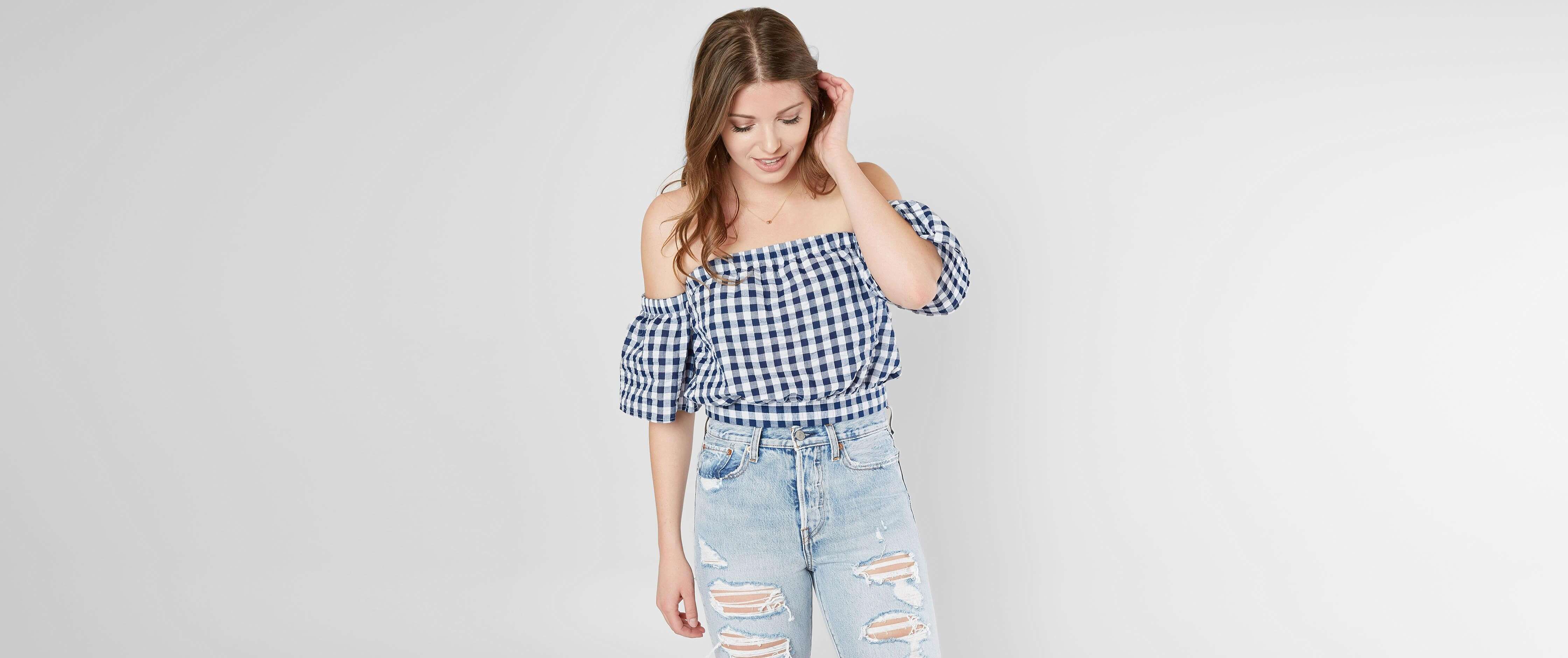 Gimmicks Gingham Cropped Top - Women's Shirts/Blouses in Navy White ...