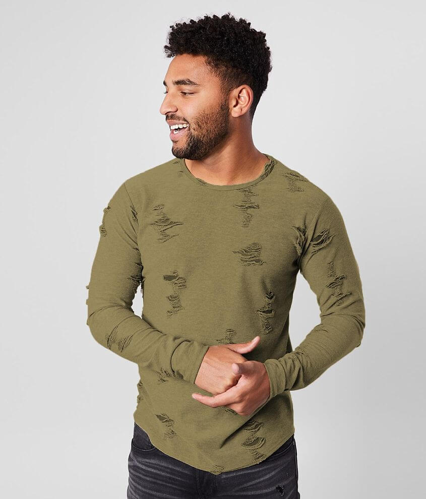 Rustic Dime Shredded Long Body T-Shirt - Men's T-Shirts in Olive | Buckle
