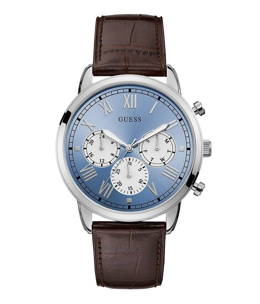 Guess Blue-Tone Leather Watch - Men's Watches in Brown | Buckle
