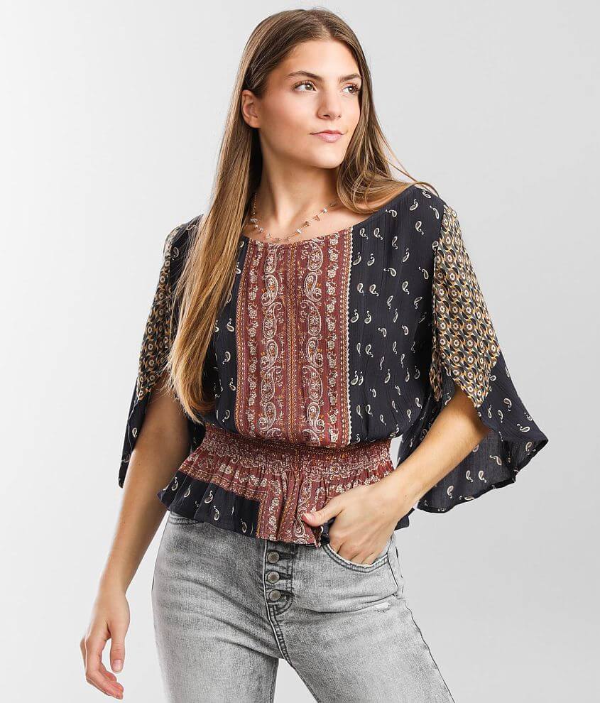 Angie Mixed Print Crinkle Top - Women's Shirts & Blouses in Grey Rust ...