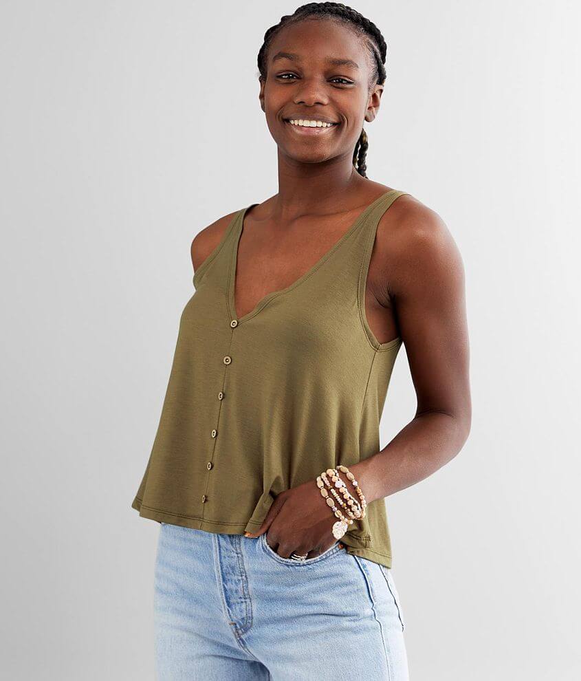 Angie Flowy Double V-Neck Tank Top - Women's Tank Tops in Olive | Buckle