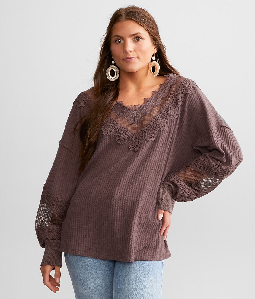 Daytrip Crochet Applique Waffle Knit Top Womens Shirtsblouses In