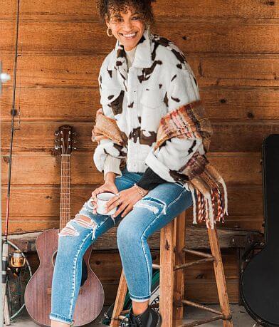 Ashley Cow Print Faux Fur Trucker Jacket - Women's Coats & Jackets in ...