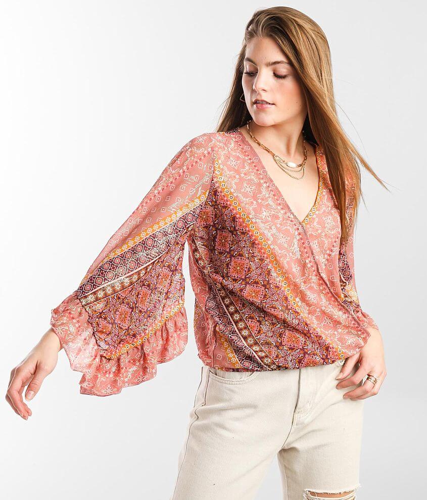 Willow And Root Surplice Mesh Top Womens Shirts Blouses In Burgundy